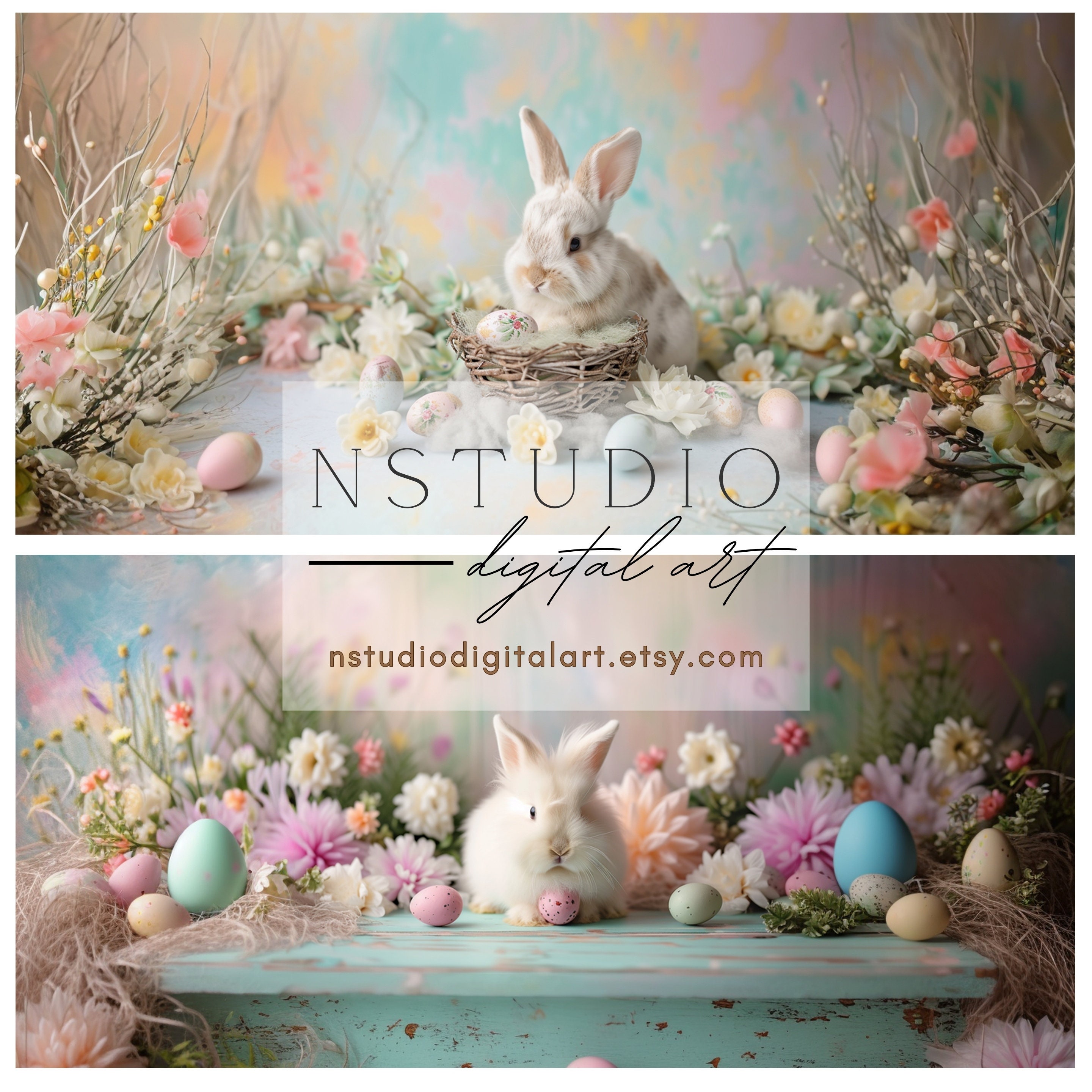 7 Rustic Easter Kid Backdrops With Rabbits and Colorful Eggs Kids ...