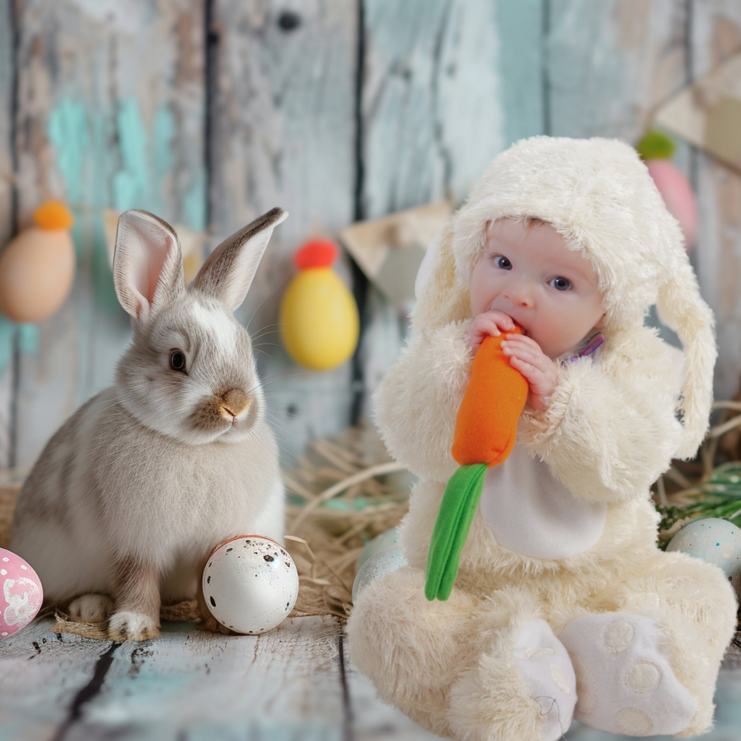 7 Rustic Easter Kid Backdrops With Rabbits and Colorful Eggs Kids ...