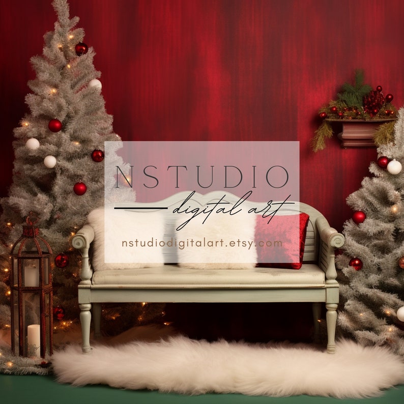 10 Family and Kids Christmas Backdrops Vintage Bench and Xmas Trees ...