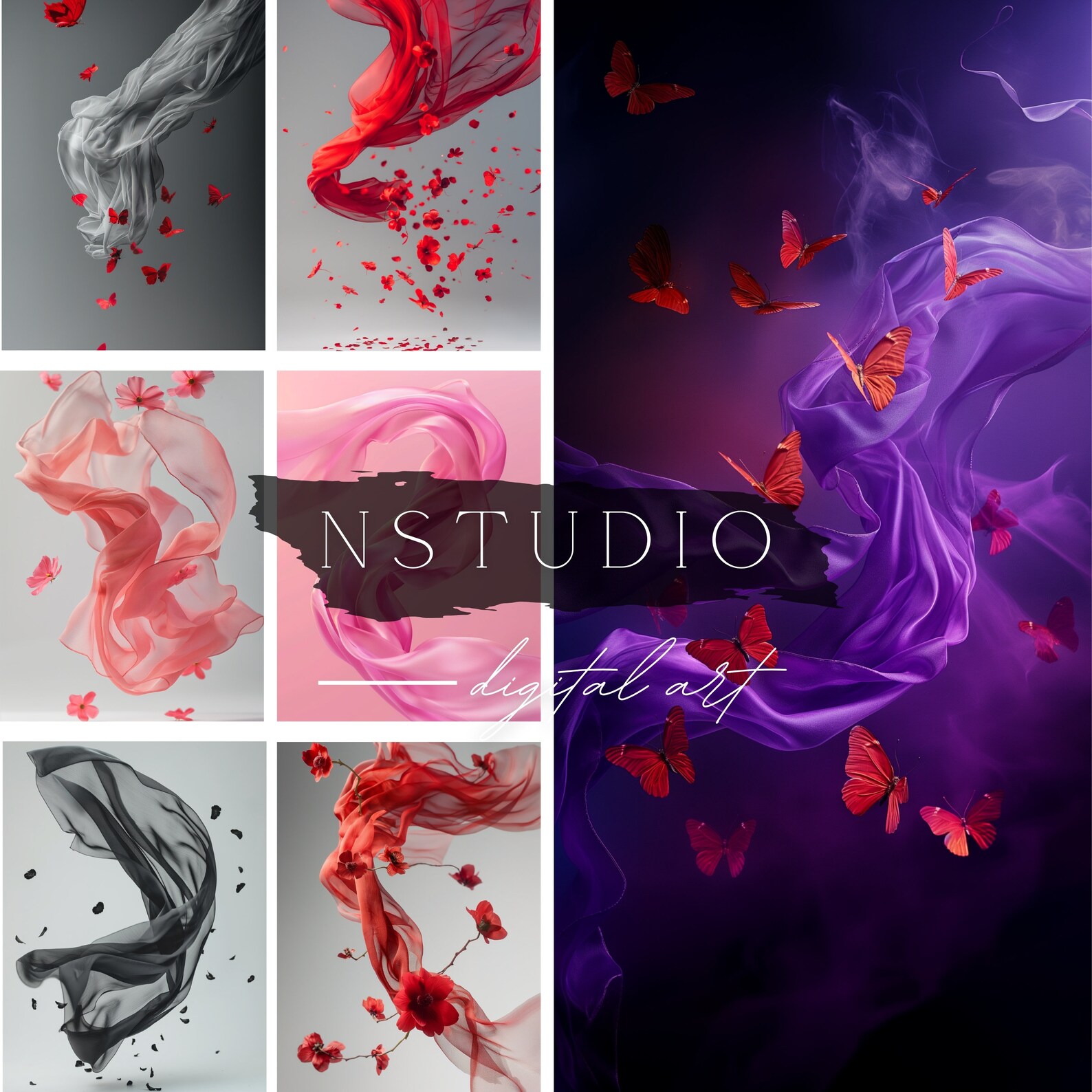 30 Portrait Photography Digital Backdrops Silk, Flowers and Butterflies ...