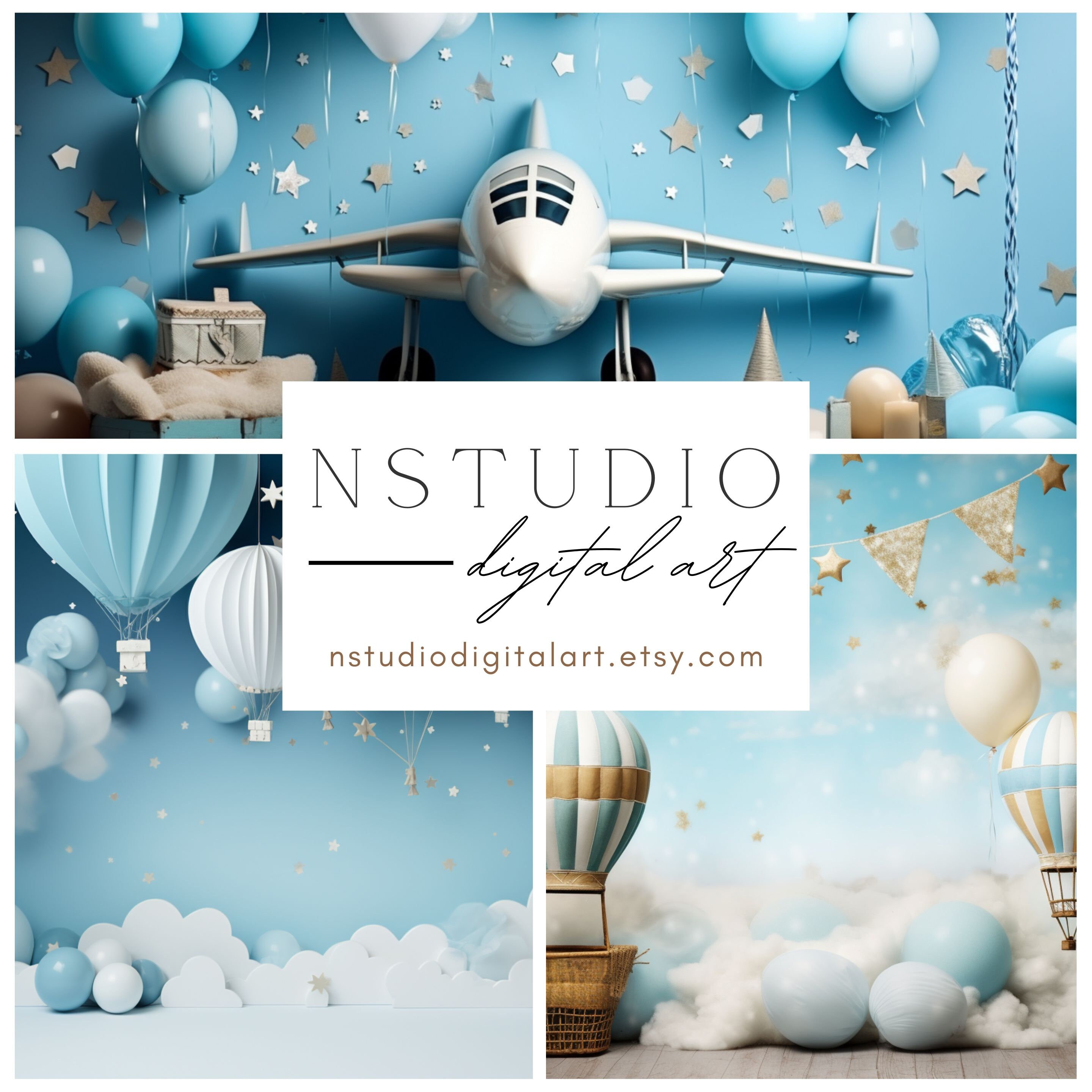 10 Kids Sky Backdrops and 1 Gift L Boys Party Photography Idea Hot Air Balloons and Airplanes ...