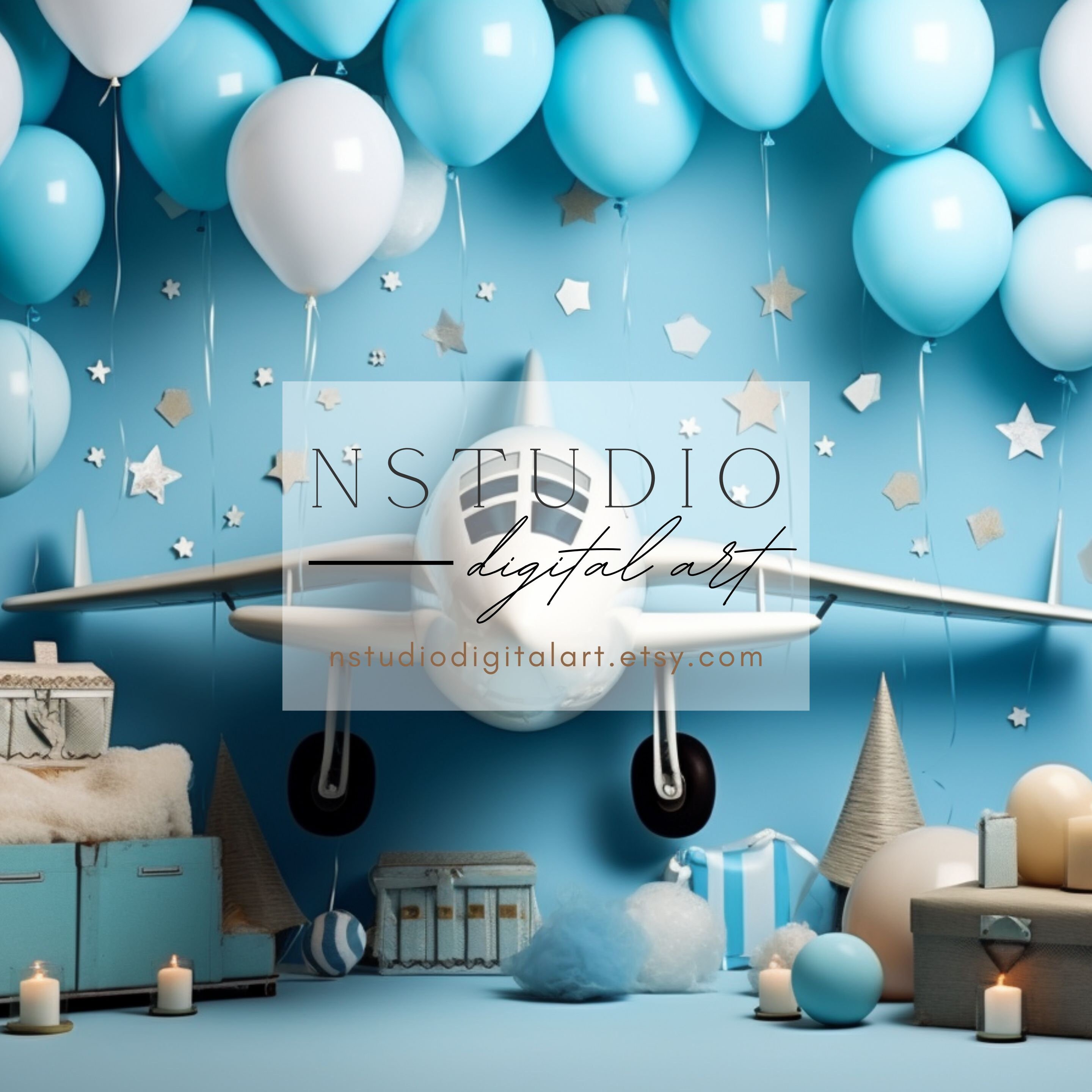 10 Kids Sky Backdrops and 1 Gift L Boys Party Photography Idea Hot Air Balloons and Airplanes ...