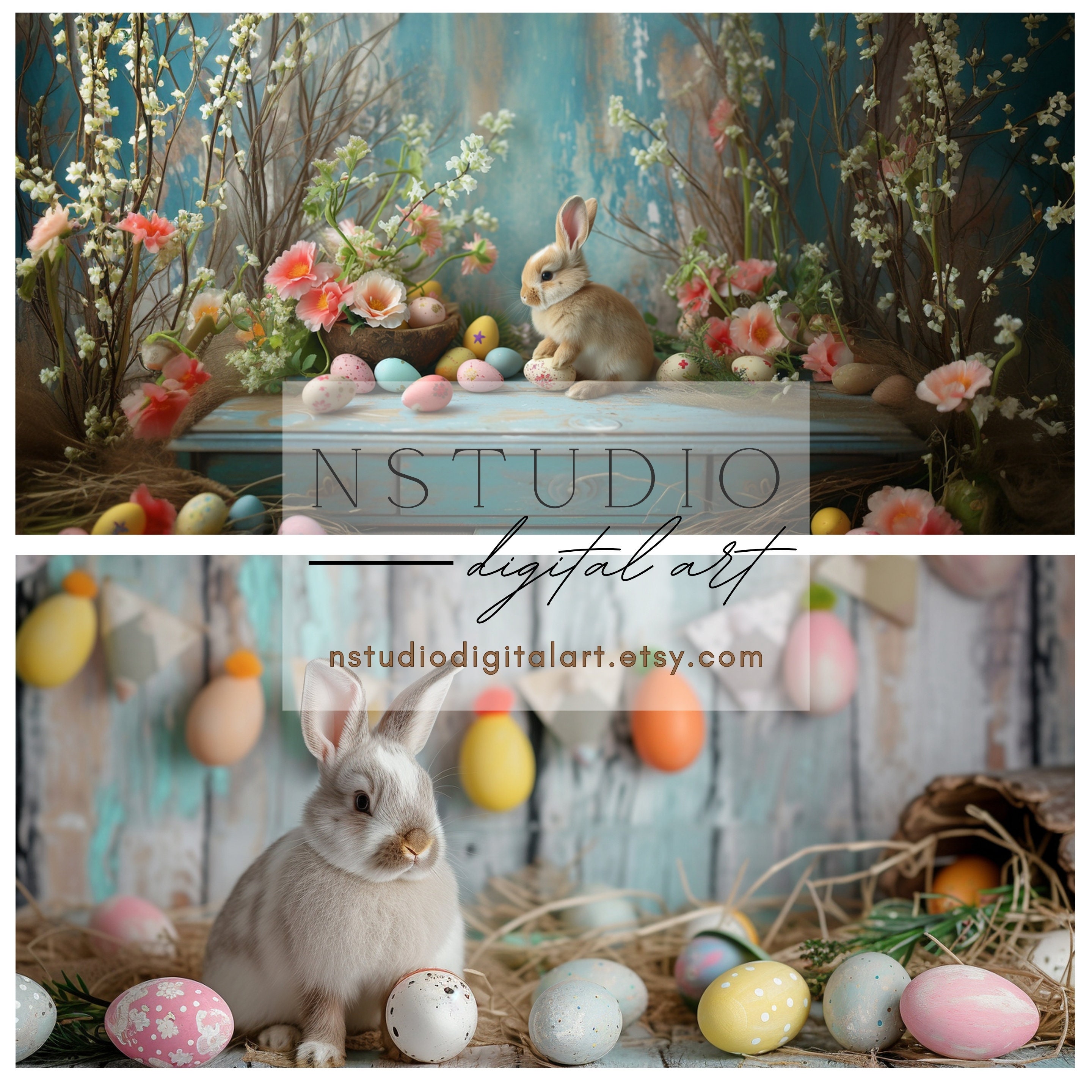 7 Rustic Easter Kid Backdrops With Rabbits and Colorful Eggs Kids ...