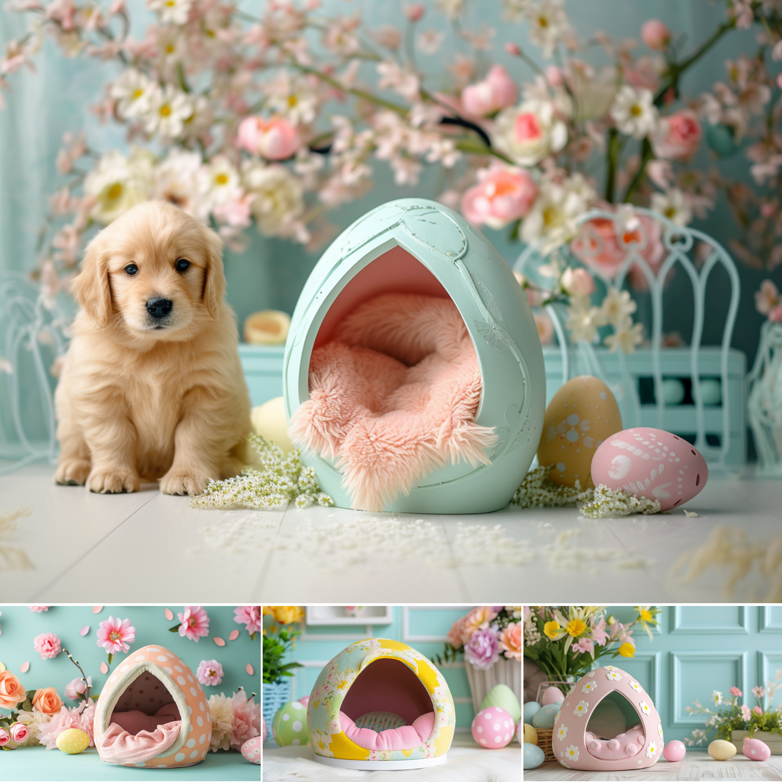 8 Easter Pet Photography Digital Backdrops, Dog Houses & Colorful Eggs ...