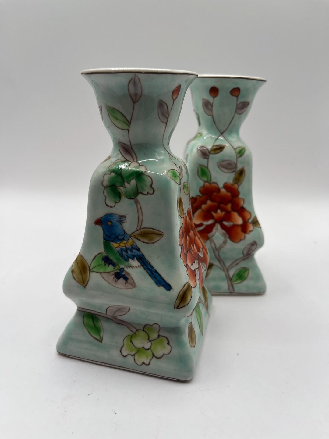 Vintage Chinese Candlesticks Hand Painted Blue Bird and Floral - Etsy