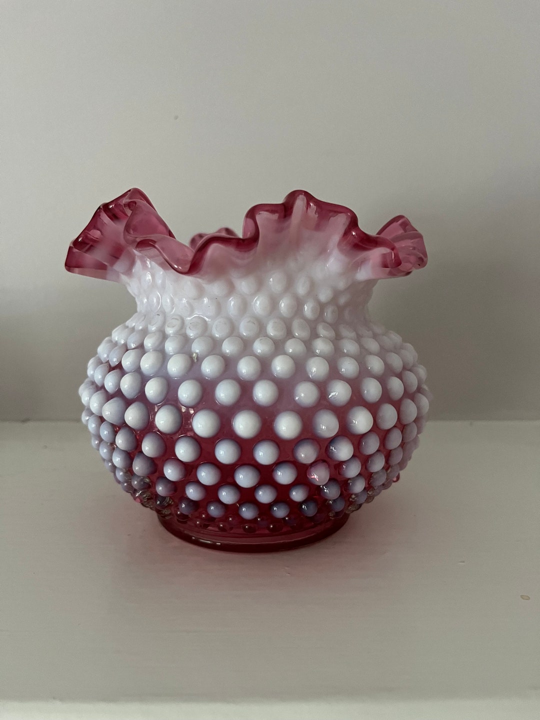 Fenton Vintage Hobnail Opalescent White With Cranberry Vase - Etsy