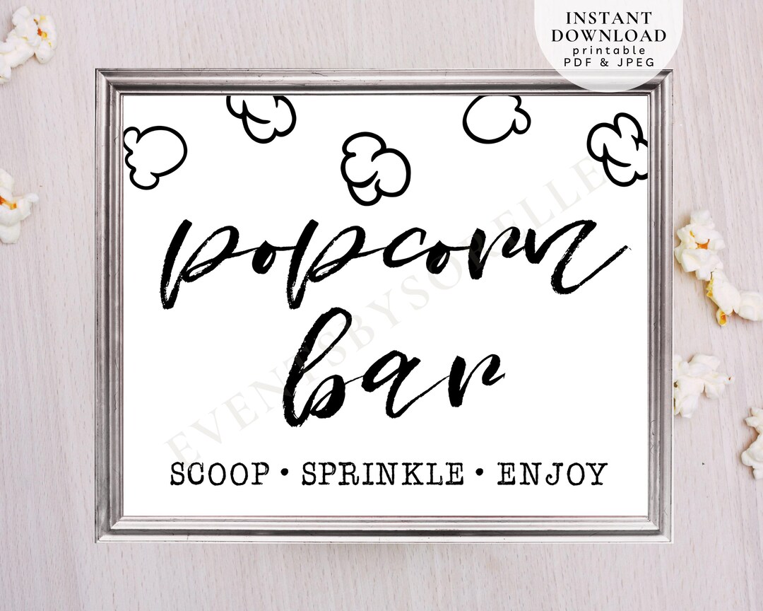 Popcorn Bar Sign, Printable Popcorn Station Sign, Snack Station, Table ...