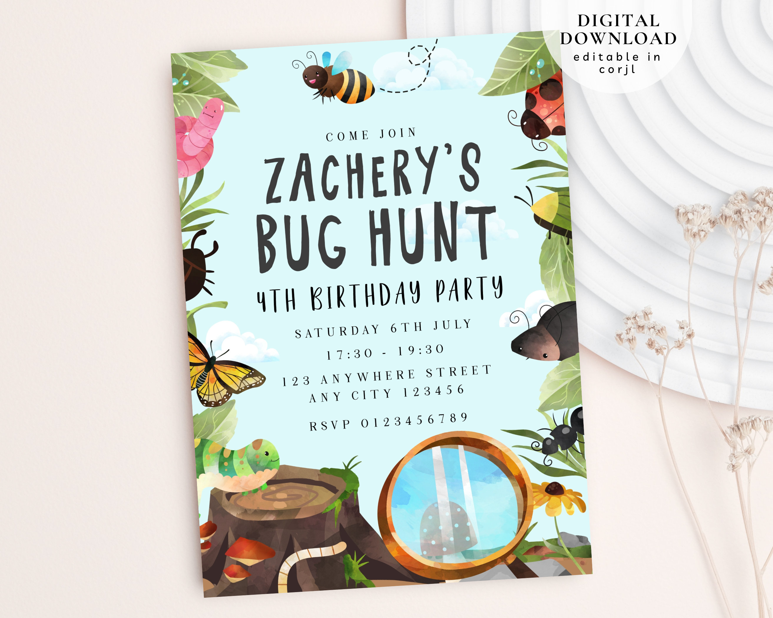 Editable Bug Birthday Invite, Insect Party Invite, Outdoor Bug Hunt ...