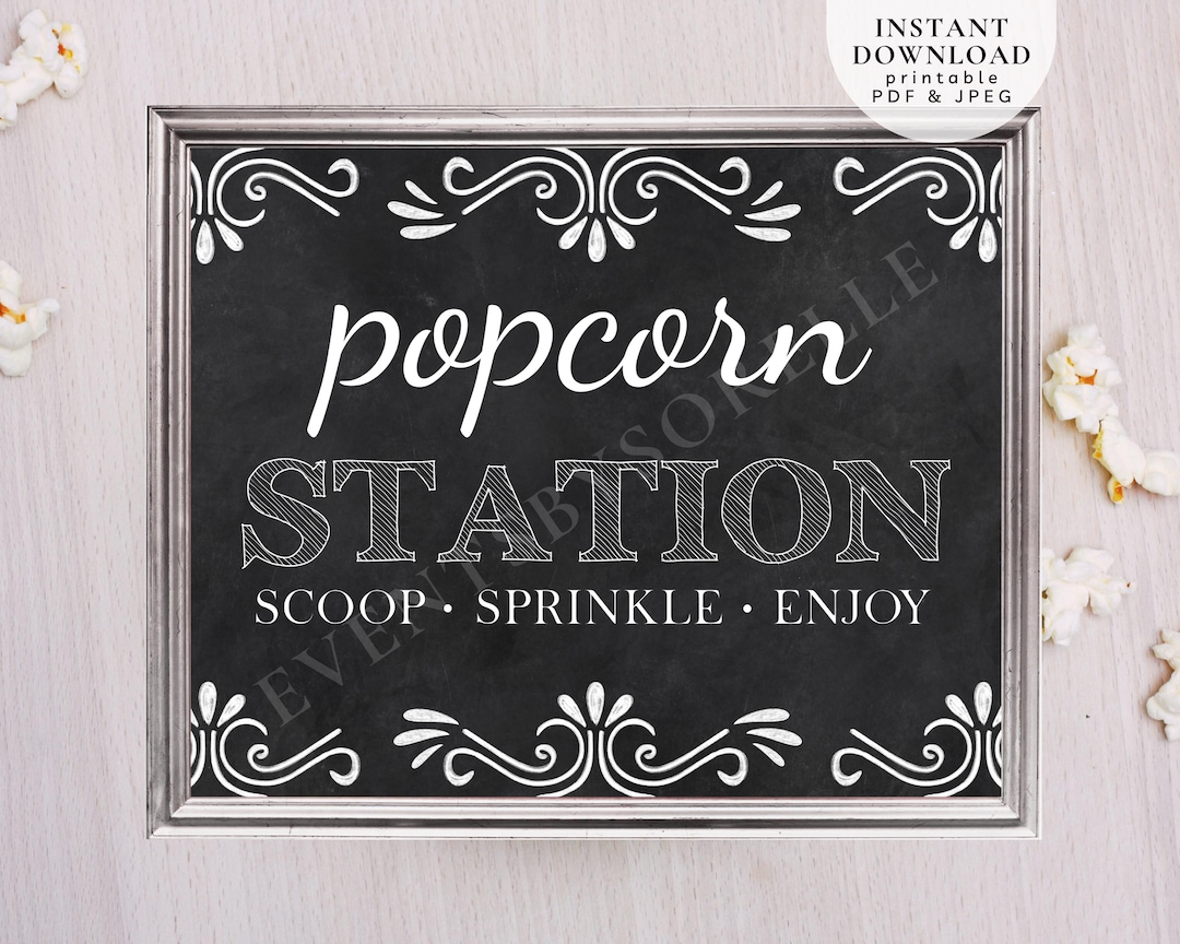 Popcorn Bar Sign, Printable Popcorn Station Sign, Snack Station, Table ...