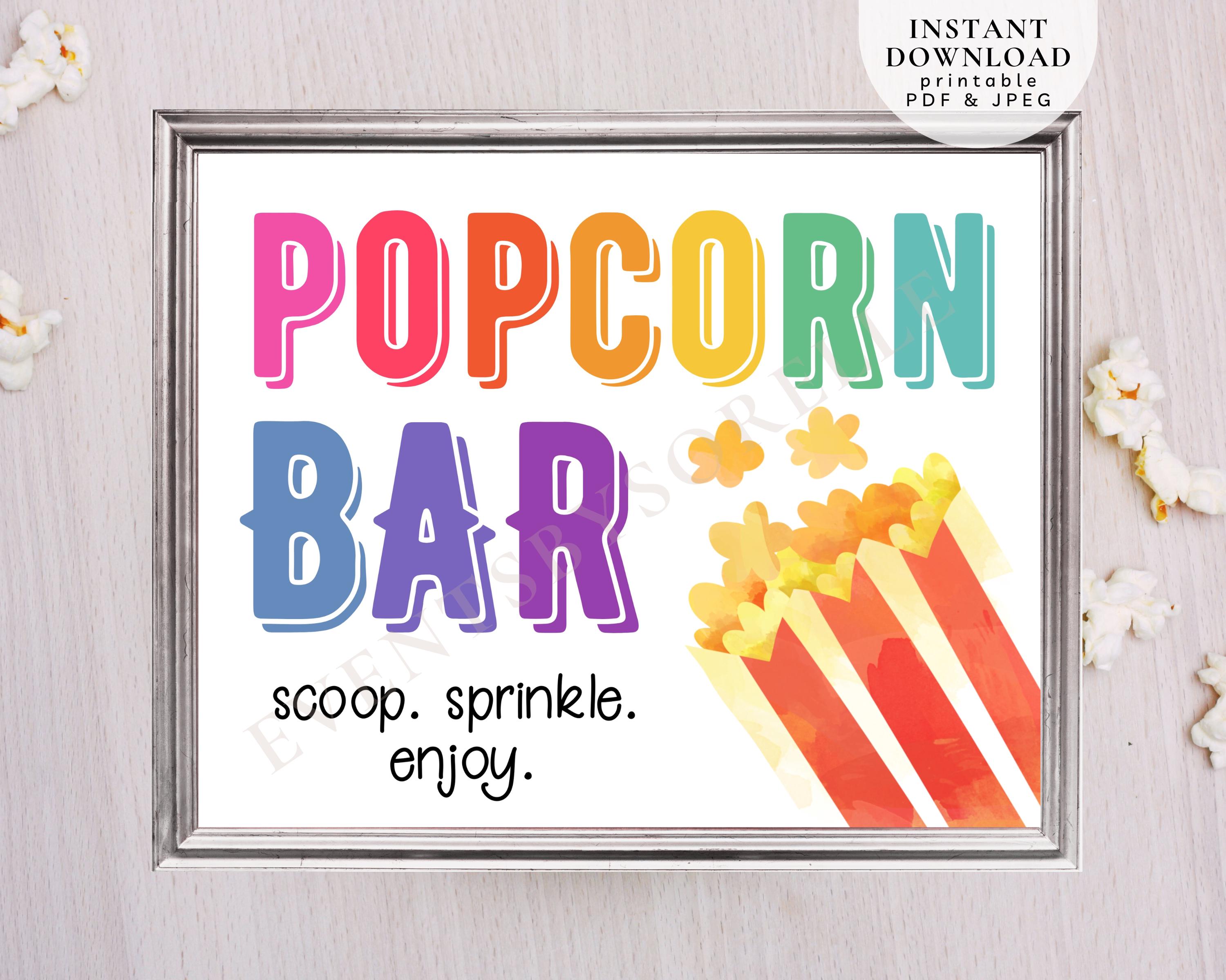 Popcorn Bar Sign, Printable Popcorn Station Sign, Snack Station, Table ...