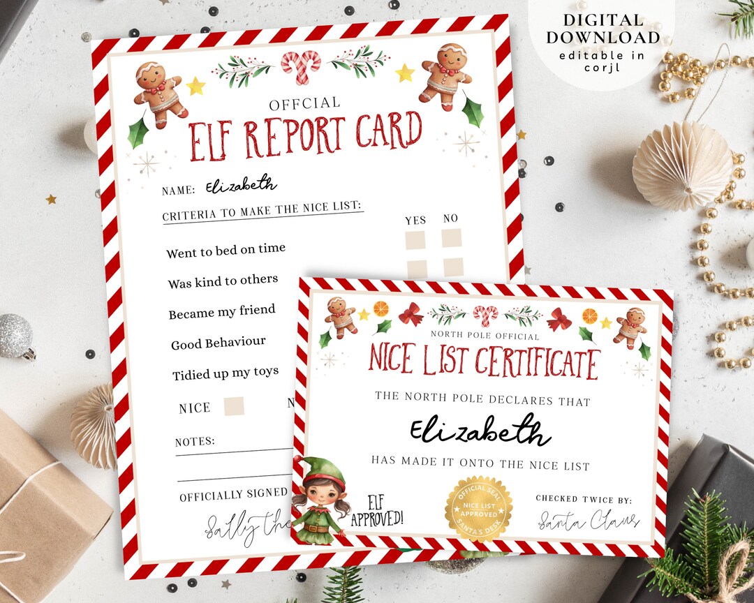Girl Elf Report Card, Official Nice List Certificate, Editable Elf Nice ...