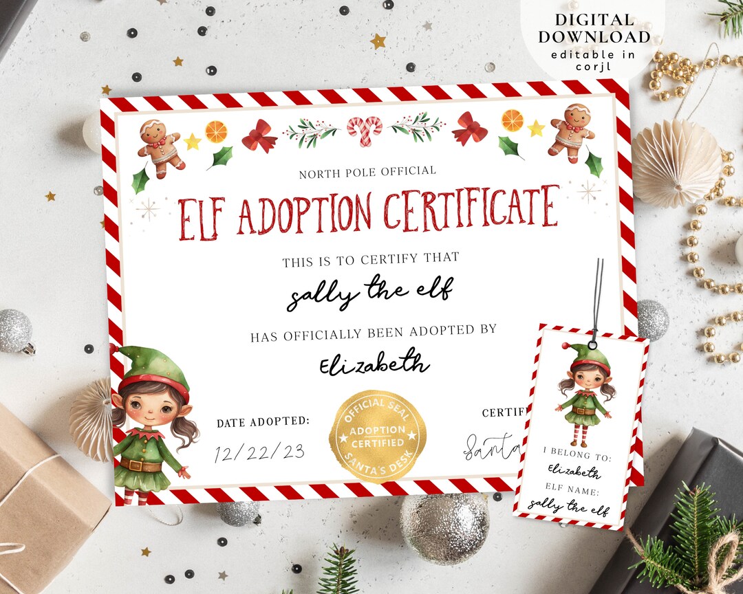 Elf Adoption Certificate, Elf Name Tag, Adopt Your Elf Certificate, Elf ...