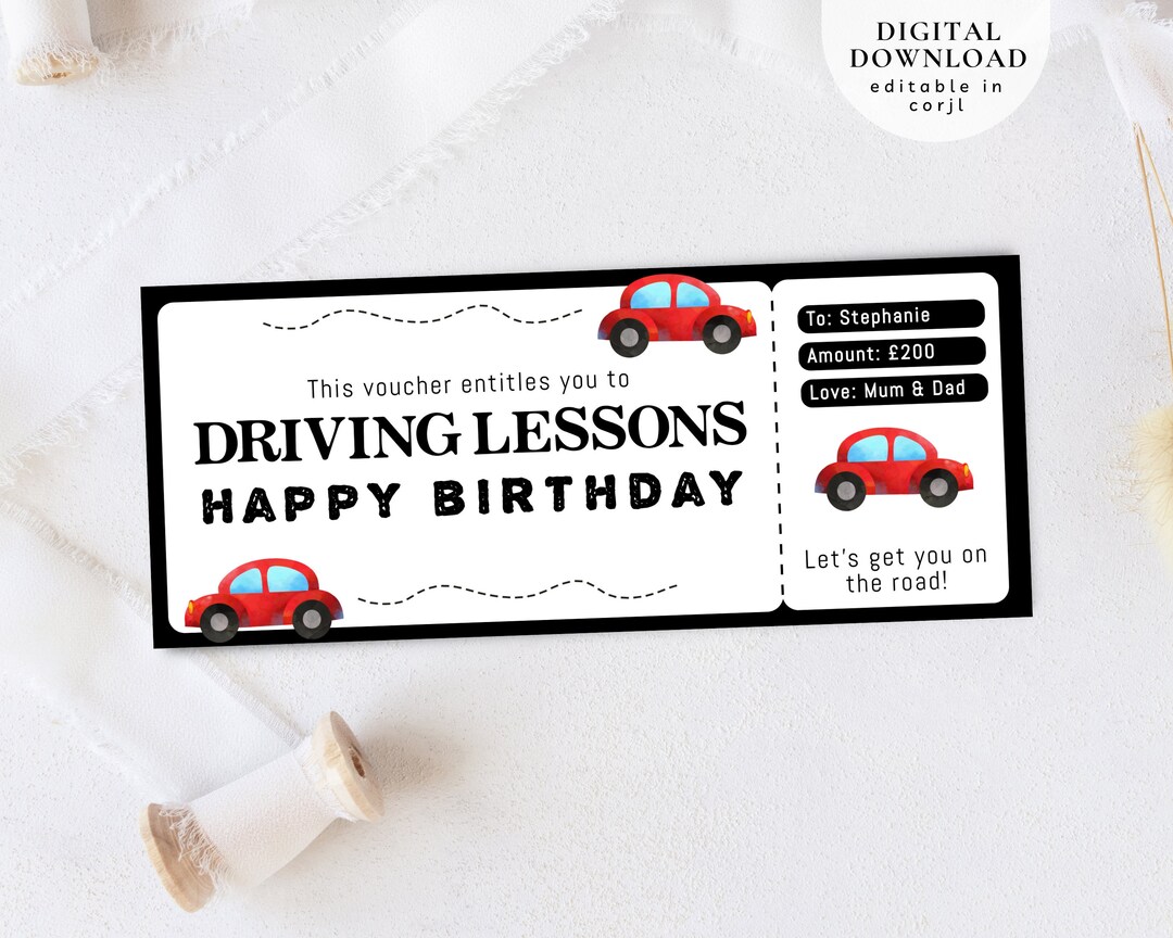 Driving Lessons Gift Certificate, 17th Birthday Driving Lessons Voucher ...