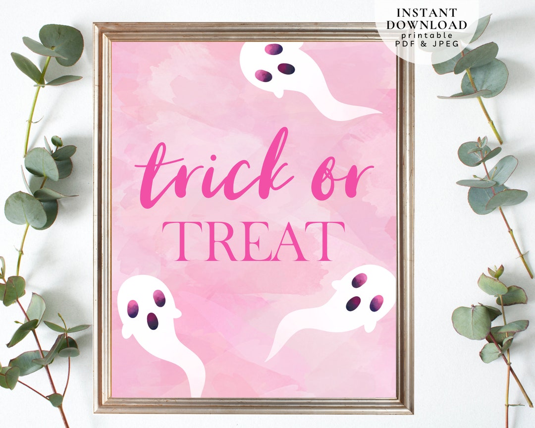 Pink Trick or Treat Halloween Sign, Spooky Table Sign, Ghost Food Sign ...