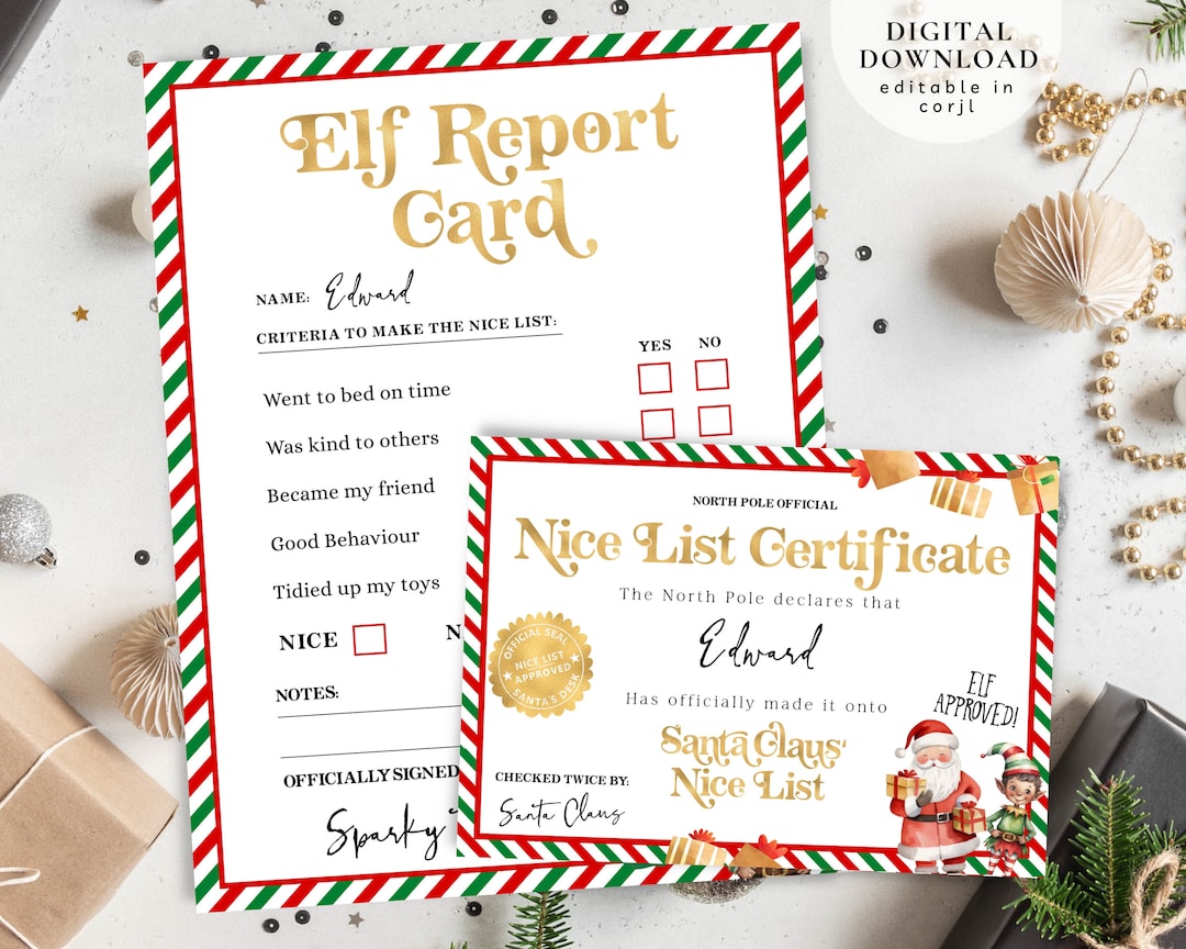 Boy Elf Report Card, Official Nice List Certificate, Editable Elf Nice ...