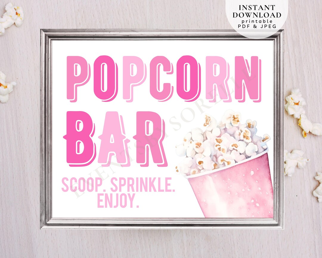 Popcorn Bar Sign, Printable Popcorn Station Sign, Snack Station, Table ...
