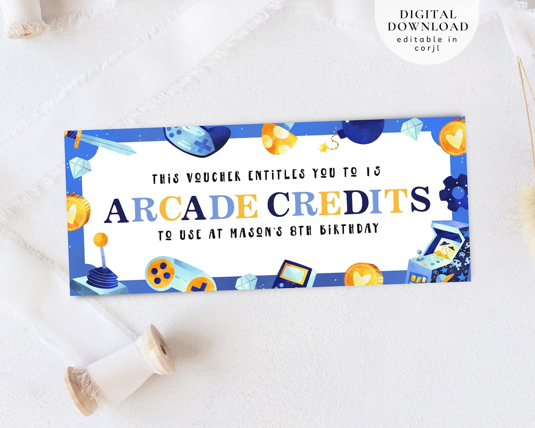 Arcade Game Credits Voucher, Arcade Theme Party, Video Gaming Party ...
