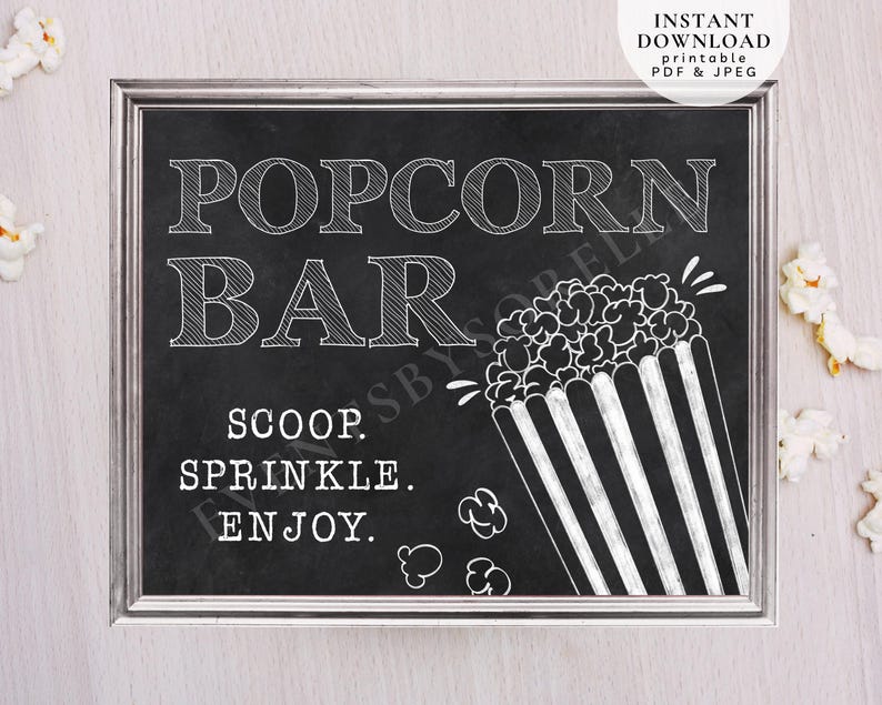 Popcorn Bar Sign, Printable Popcorn Station Sign, Snack Station, Table ...
