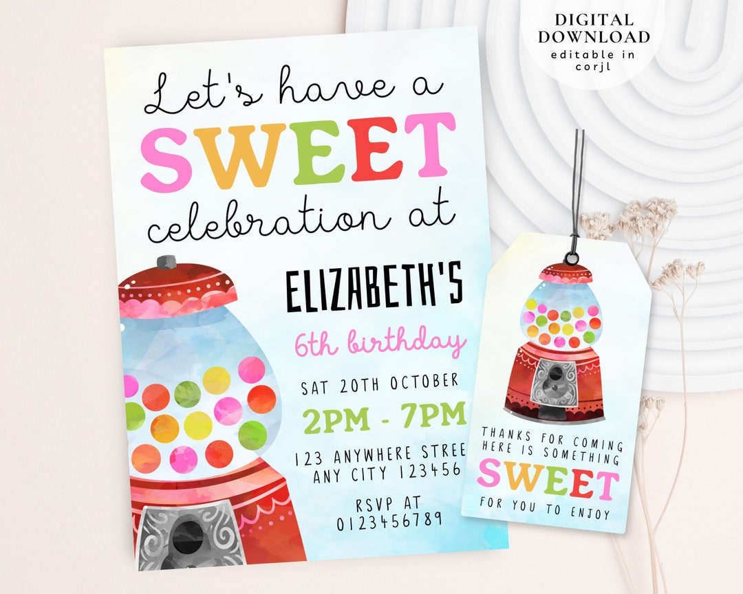 Sweet Shop Invite, Bubble Gum Invite, Gumball Machine Birthday Invite ...
