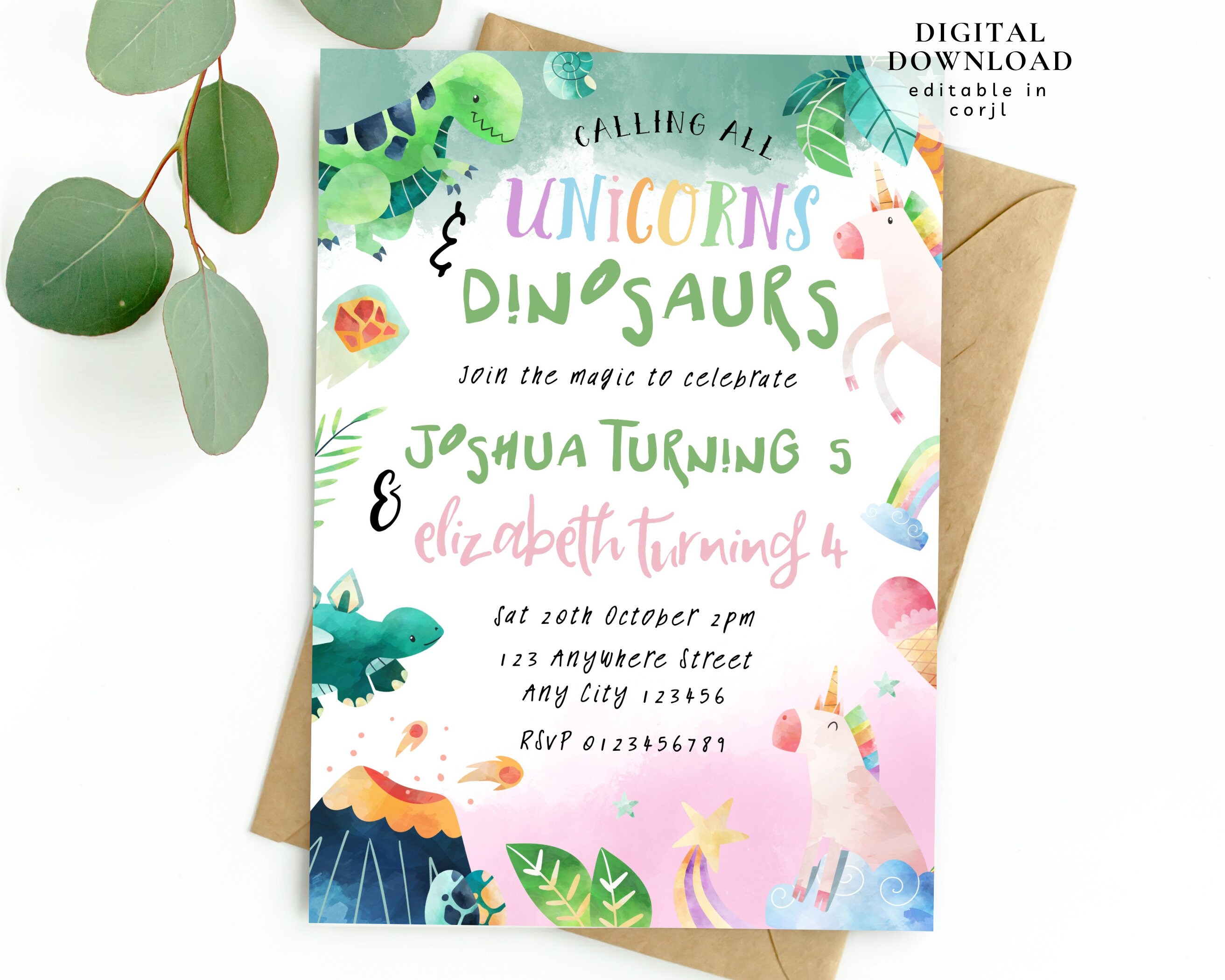 Unicorn Birthday Invite, Dinosaur Birthday Invite, Sibling Unicorn and ...