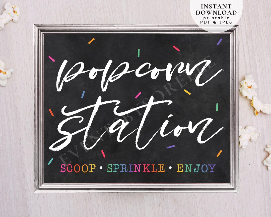 Popcorn Bar Sign, Printable Popcorn Station Sign, Snack Station, Table ...