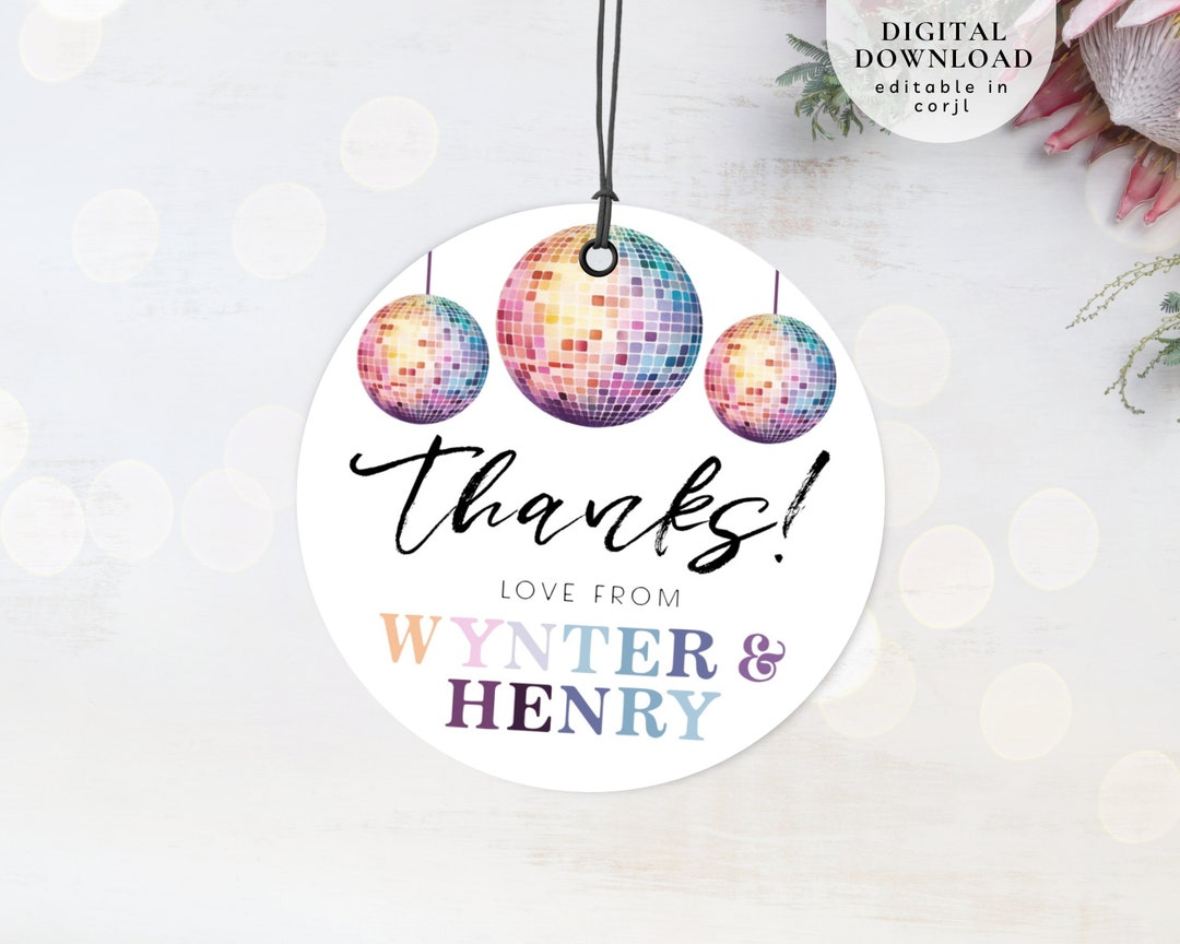 Disco Party Birthday Tag, Disco Ball Party Sticker, Disco Ball Thank ...