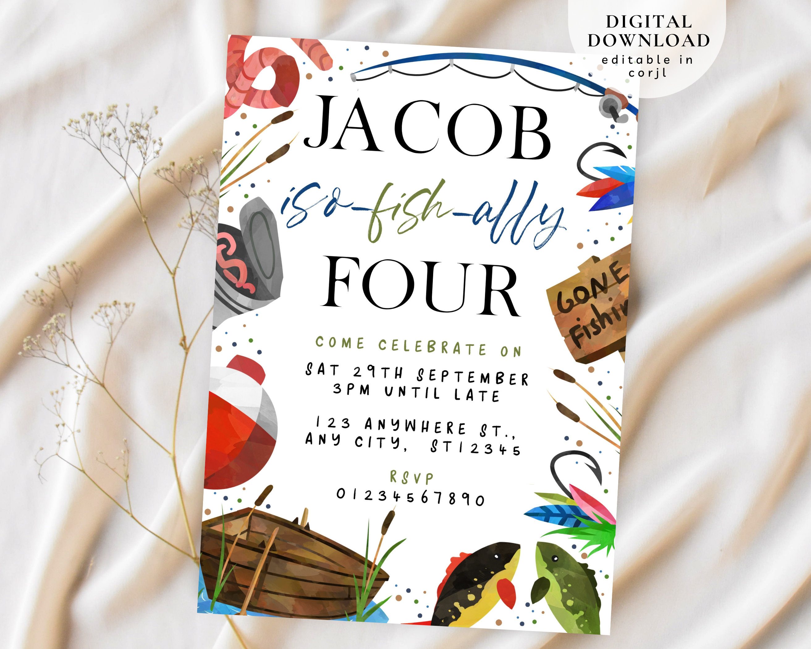 Editable Fishing 4th Birthday Invite Green Gone Fishing - Etsy