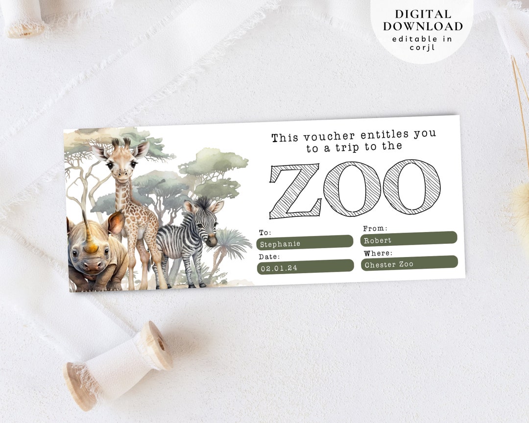 Zoo Printable Tickets, Editable Safari Vouchers, Birthday Gift Voucher ...