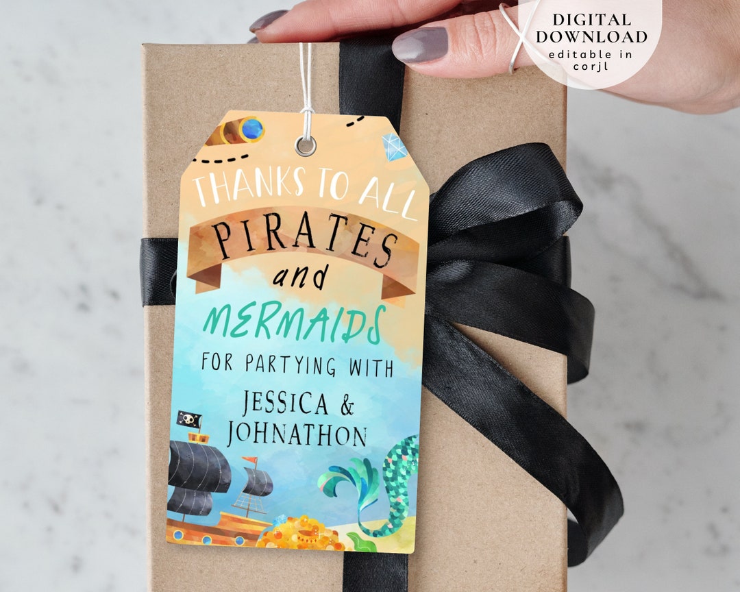 Mermaid and Pirate Birthday Gift Tag, Sibling Mermaid & Pirate Favor ...