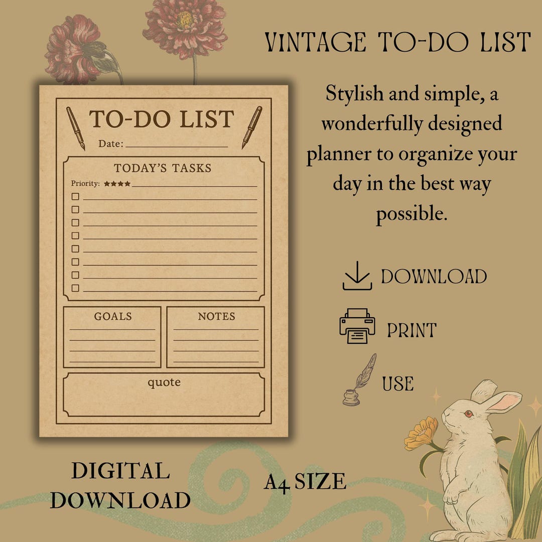 Vintage To-do List | Printable A4 Daily Planner | Digital Download - Etsy