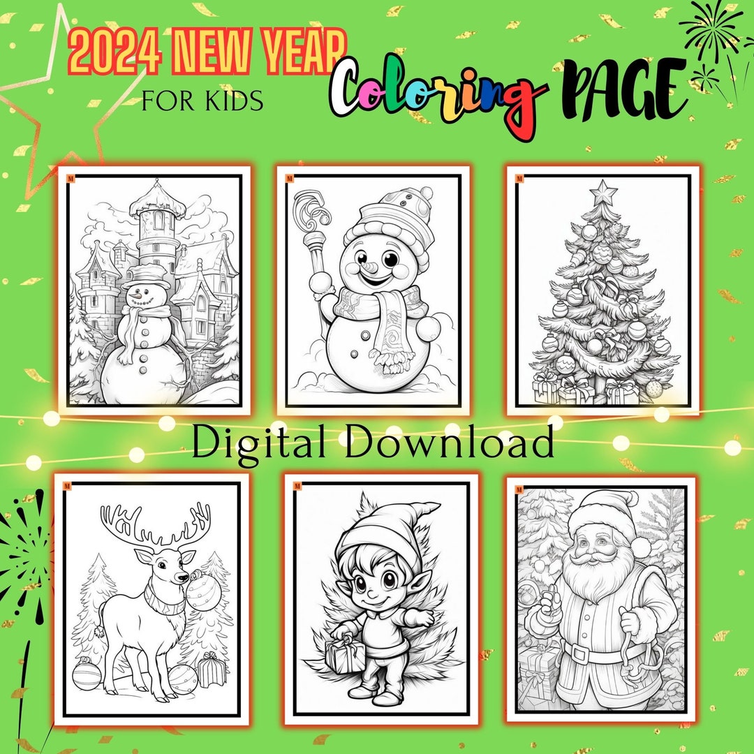 Coloring Page for Kids Digital Download Happy New Year 2024 6 Pages - Etsy