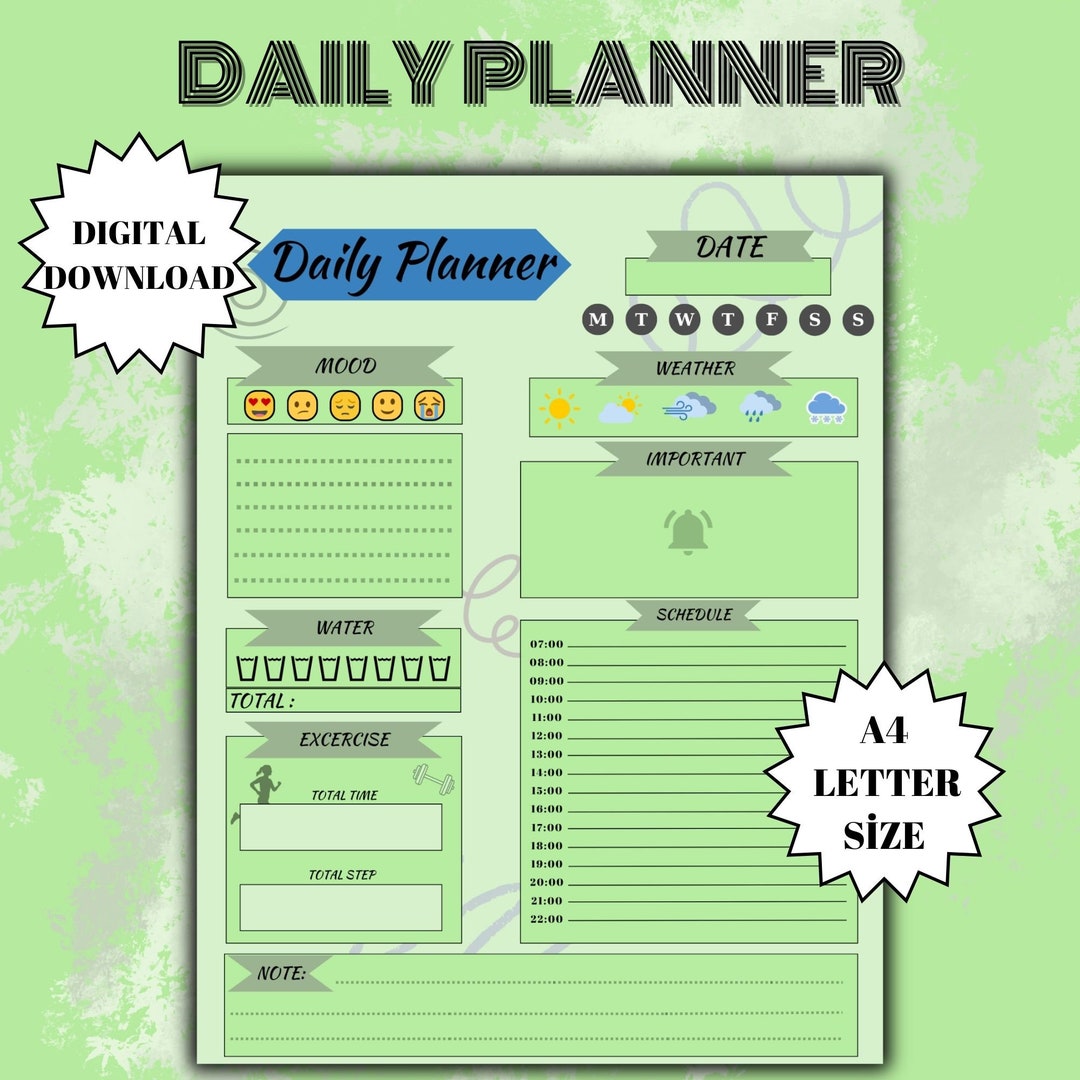 Daily Planner: Printable Schedule, Goals, Wellness (digital Download ...