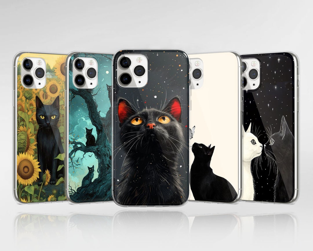 Black Cat Phone Case Cute Cat Cover Fit for iPhone 16 Pro Max 15 14 13 12 11 XS Plus Samsung S25 ...