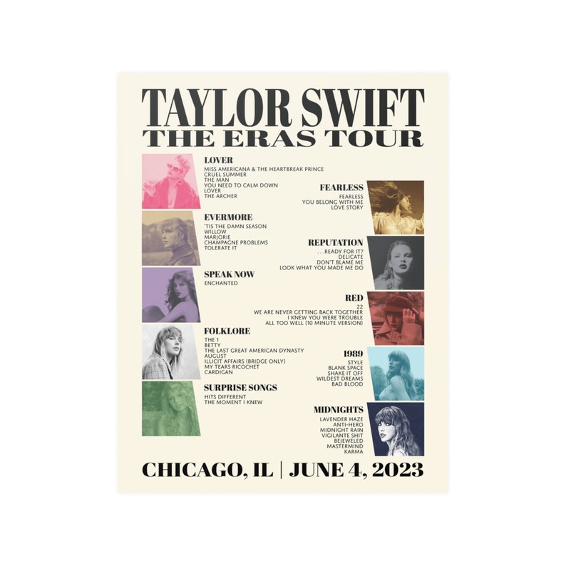 Chicago, IL Night 3 Taylor Swift Eras Tour Setlist Poster 2023 Concert ...