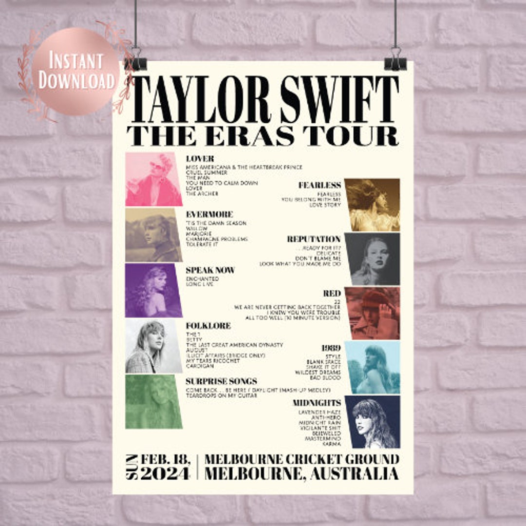 Melbourne, Australia Night 3 Eras Tour Setlist Poster 2024 Concert ...