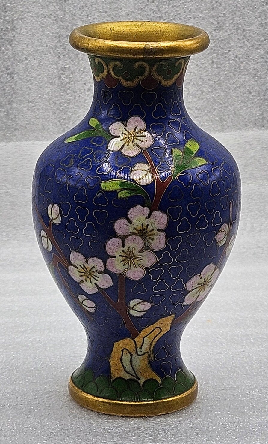 CLOISONNE VASE Blue Flowers Gold Touches Gold Inside, Turquoise Base 5 ...