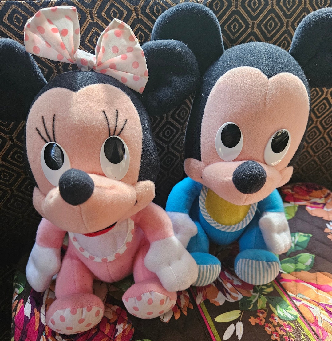 Disney Baby Mickey Minnie Mouse 12” Plush Blue Pink W/ Bib Vintage ...