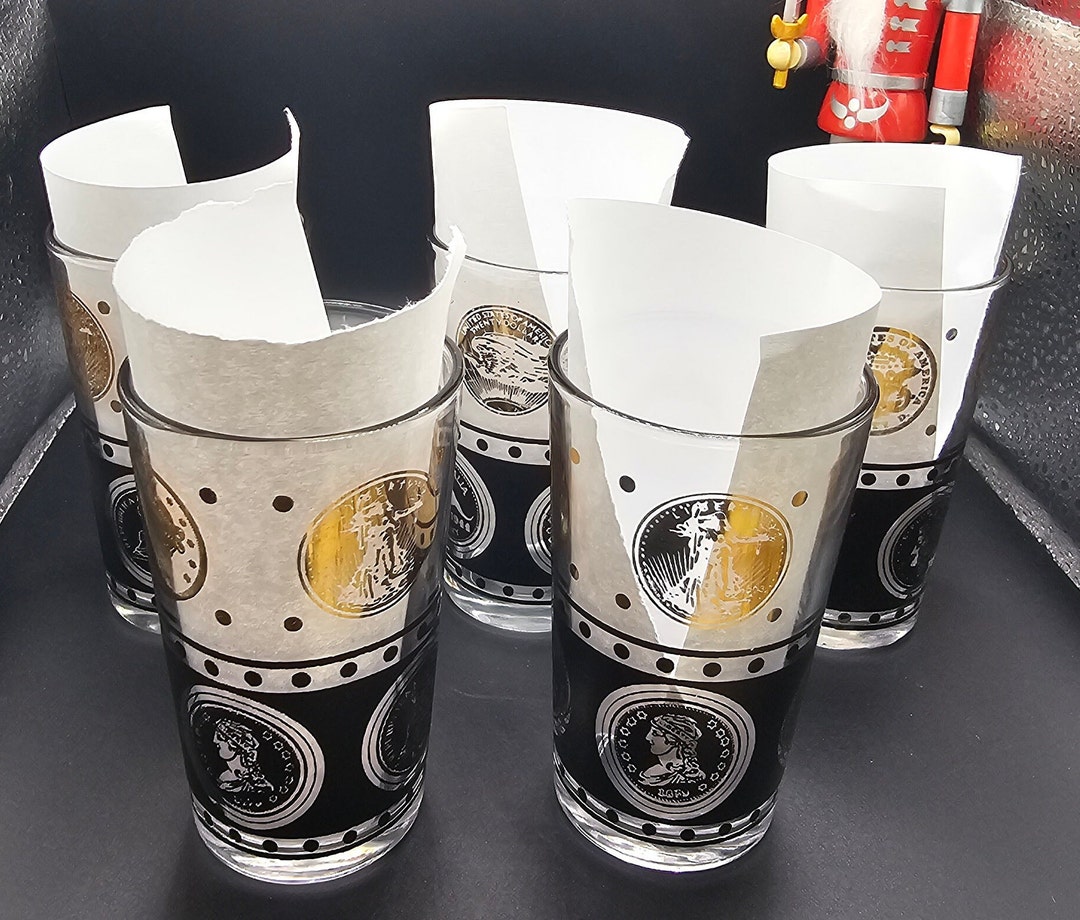 Set of 5 Hazel Atlas Coins of the World Black / Gold Juice Glasses B10 ...
