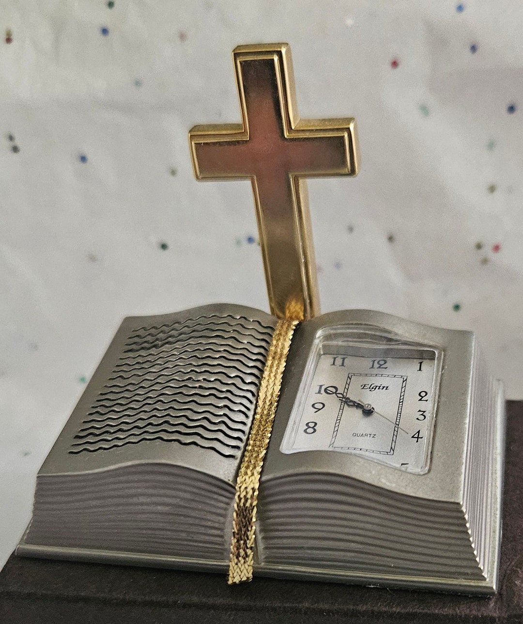 Vintage MINI CLOCK JAS Christian Bible Cross Table Desk Mantle Untested ...