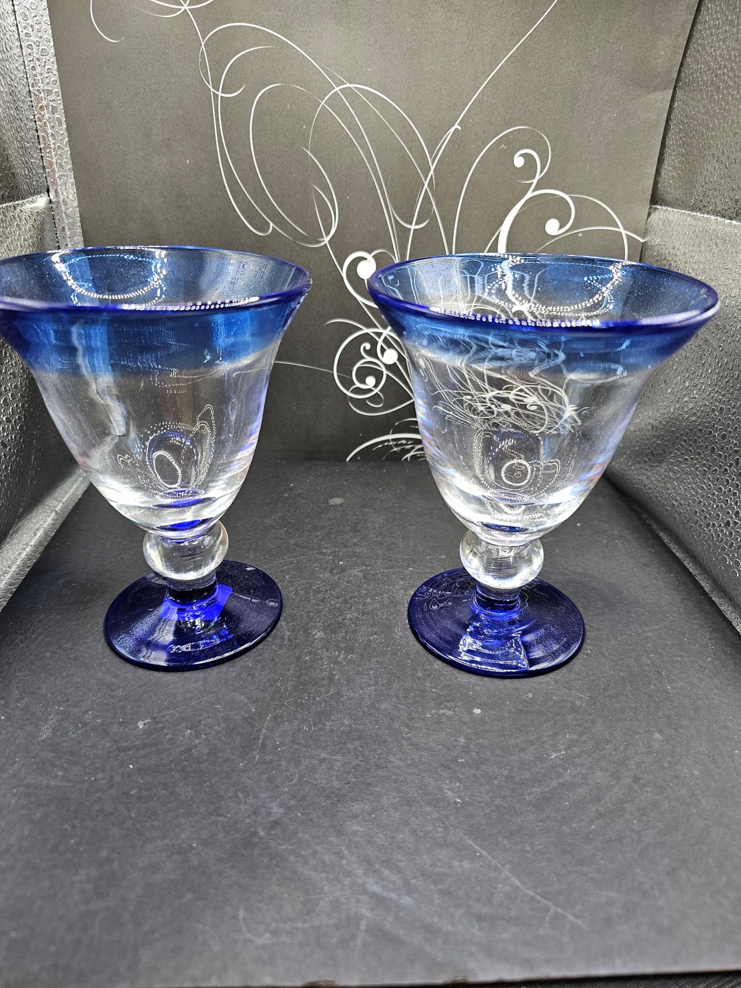 Hand Blown Mexican Cobalt Blue Clear Glass Goblet 8 Oz F2/30 - Etsy