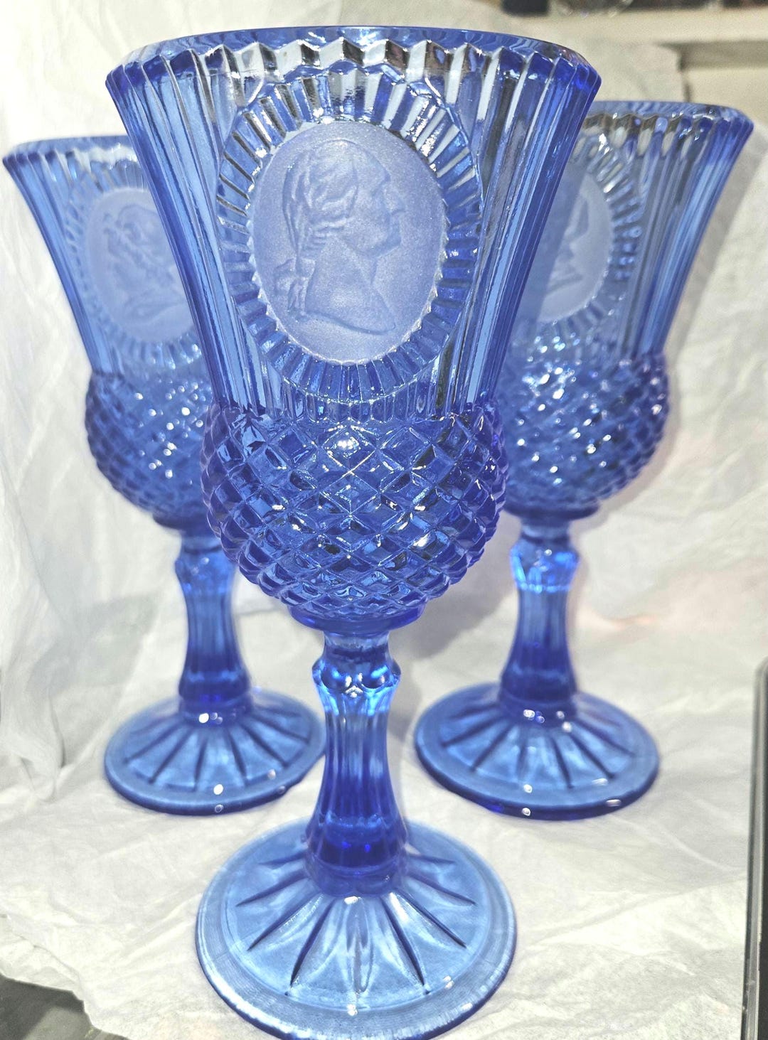 Vintage Set of 3 Avon Blue Fostoria Goblets: 2 Martha and 1 George ...