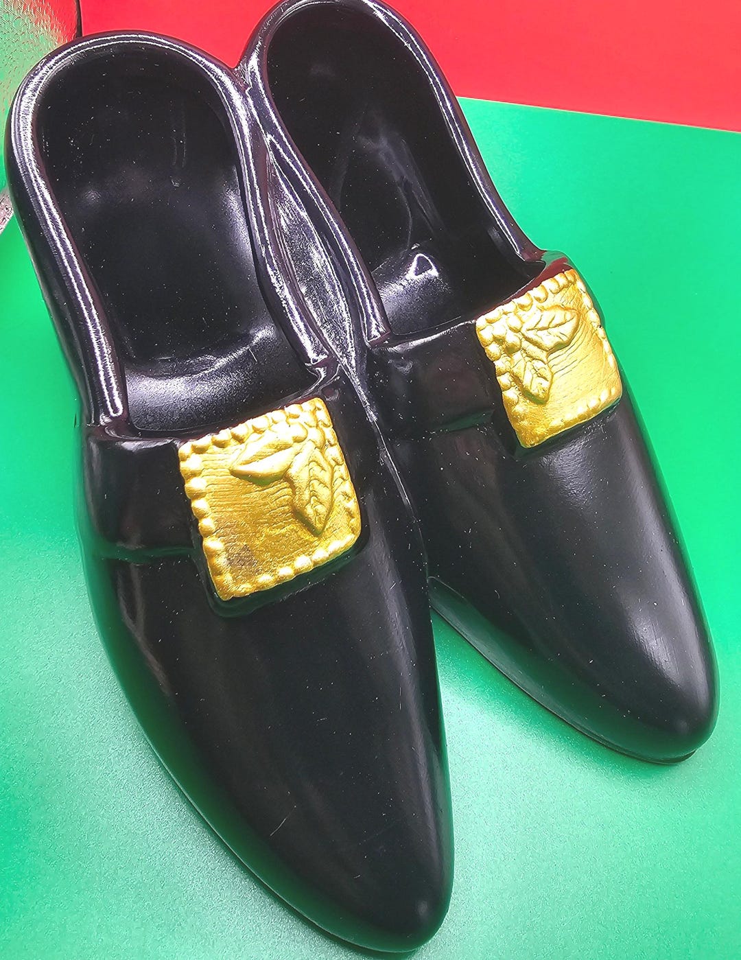 Christmas Shoes Planter Candy Dish Mrs Claus Shoes Black Gold Holly ...