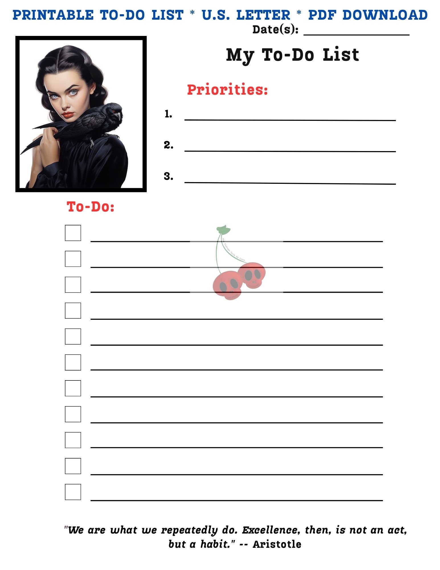 Gothic To-do List Goth Raven Girl to Do List Printable Daily Weekly ...