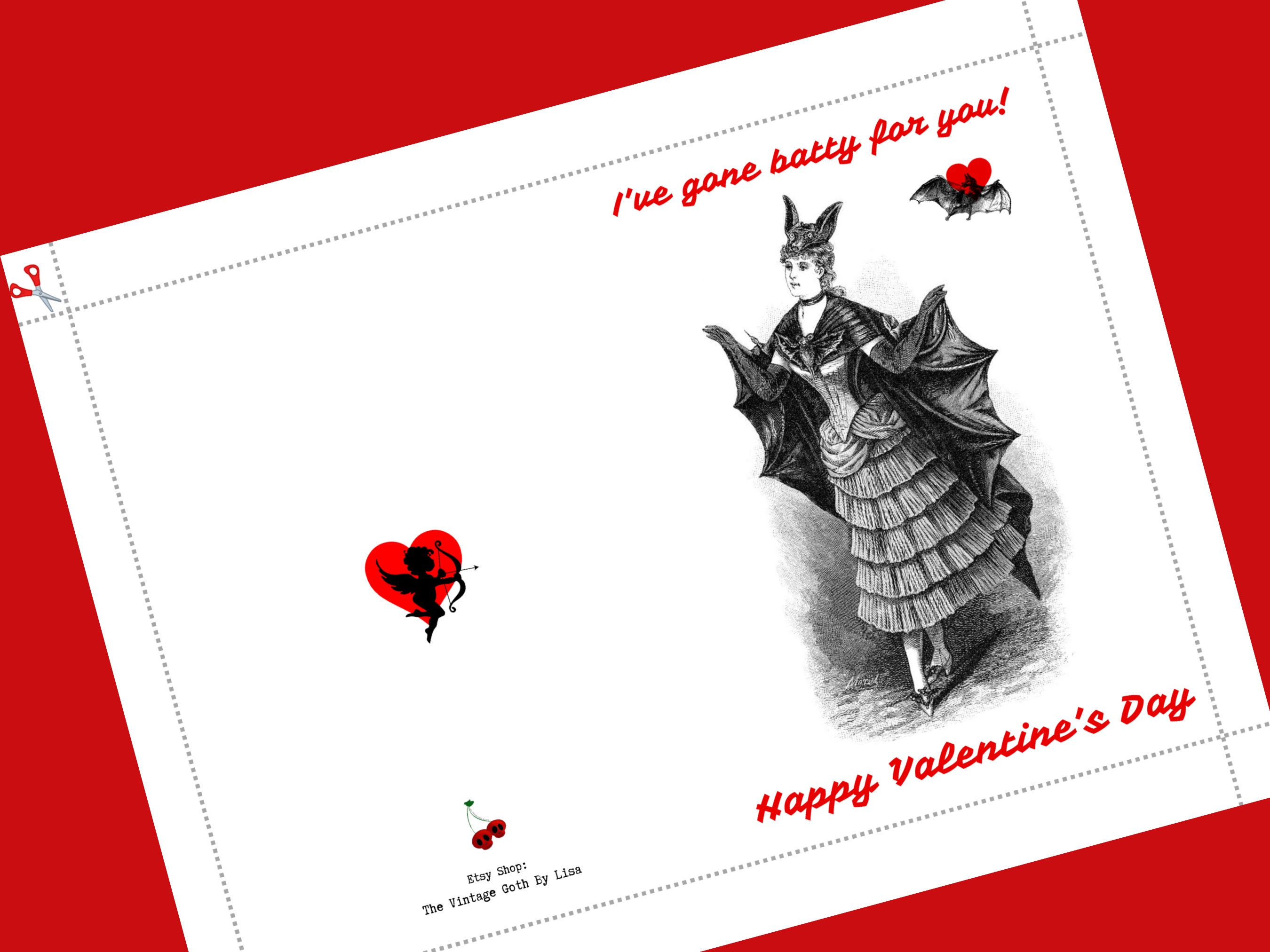Goth Victorian Bat Woman Valentines Day Printable Card Gothic Happy V ...