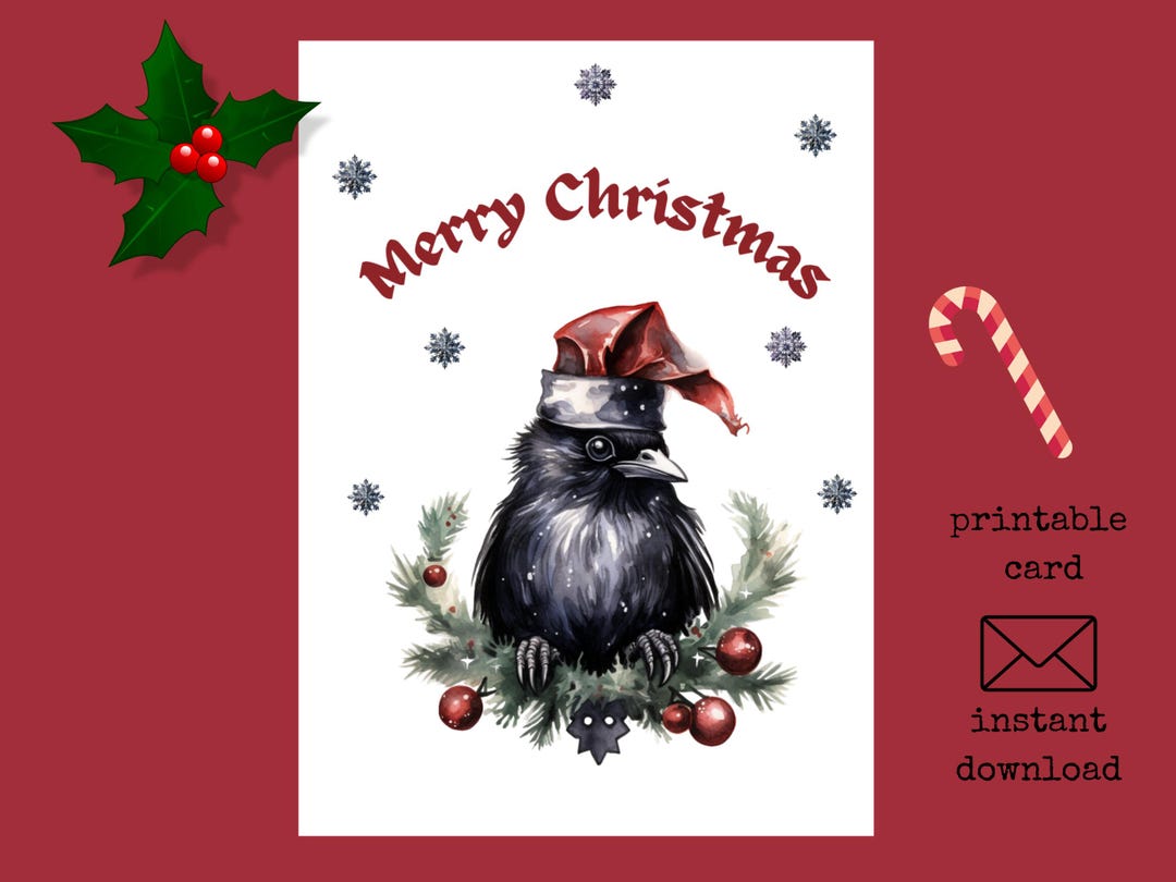Santa Crow Raven PRINTABLE Merry Christmas Card Gothic Crow Holiday ...