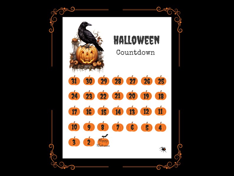 Raven Crow Printable Halloween Countdown | Halloween Pumpkin Calendar ...