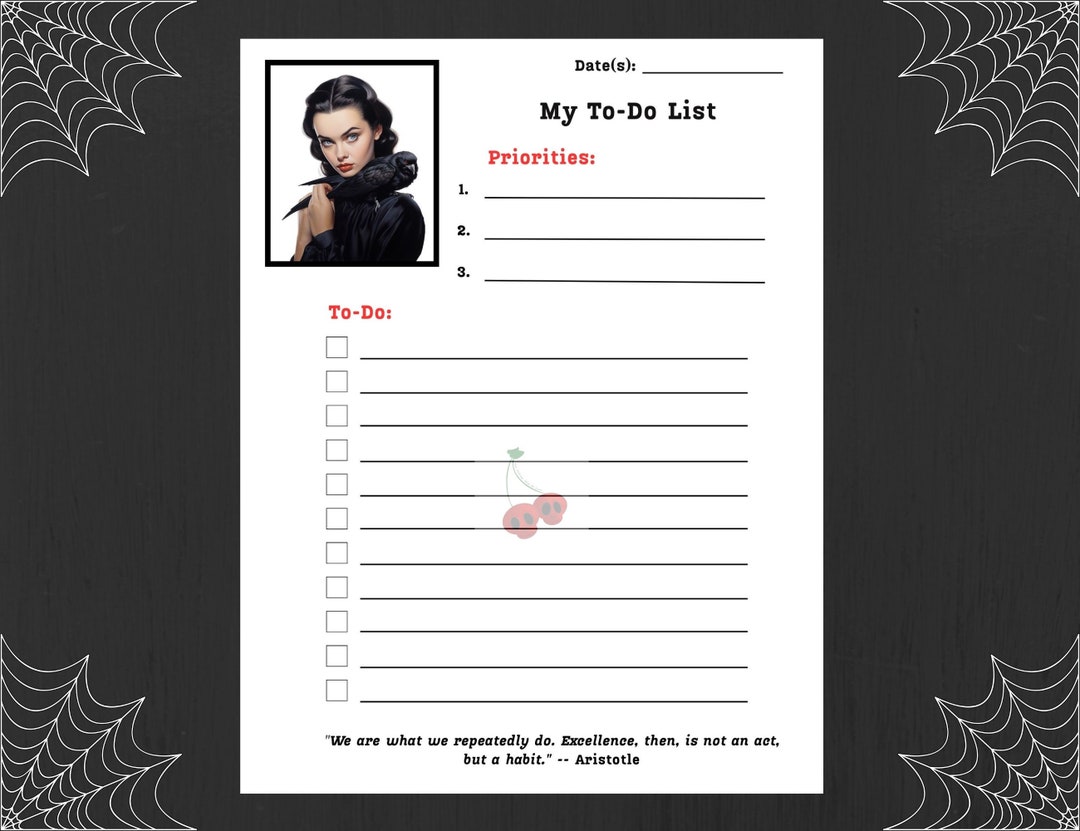 Gothic To-do List | Goth Raven Girl to Do List Printable | Daily Weekly ...