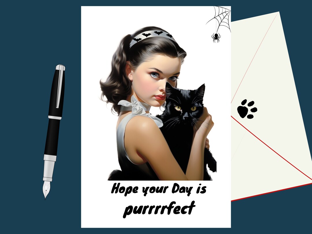 Goth Girl and Cat Card Girl and Black Cat Printable Good Day Greeting ...