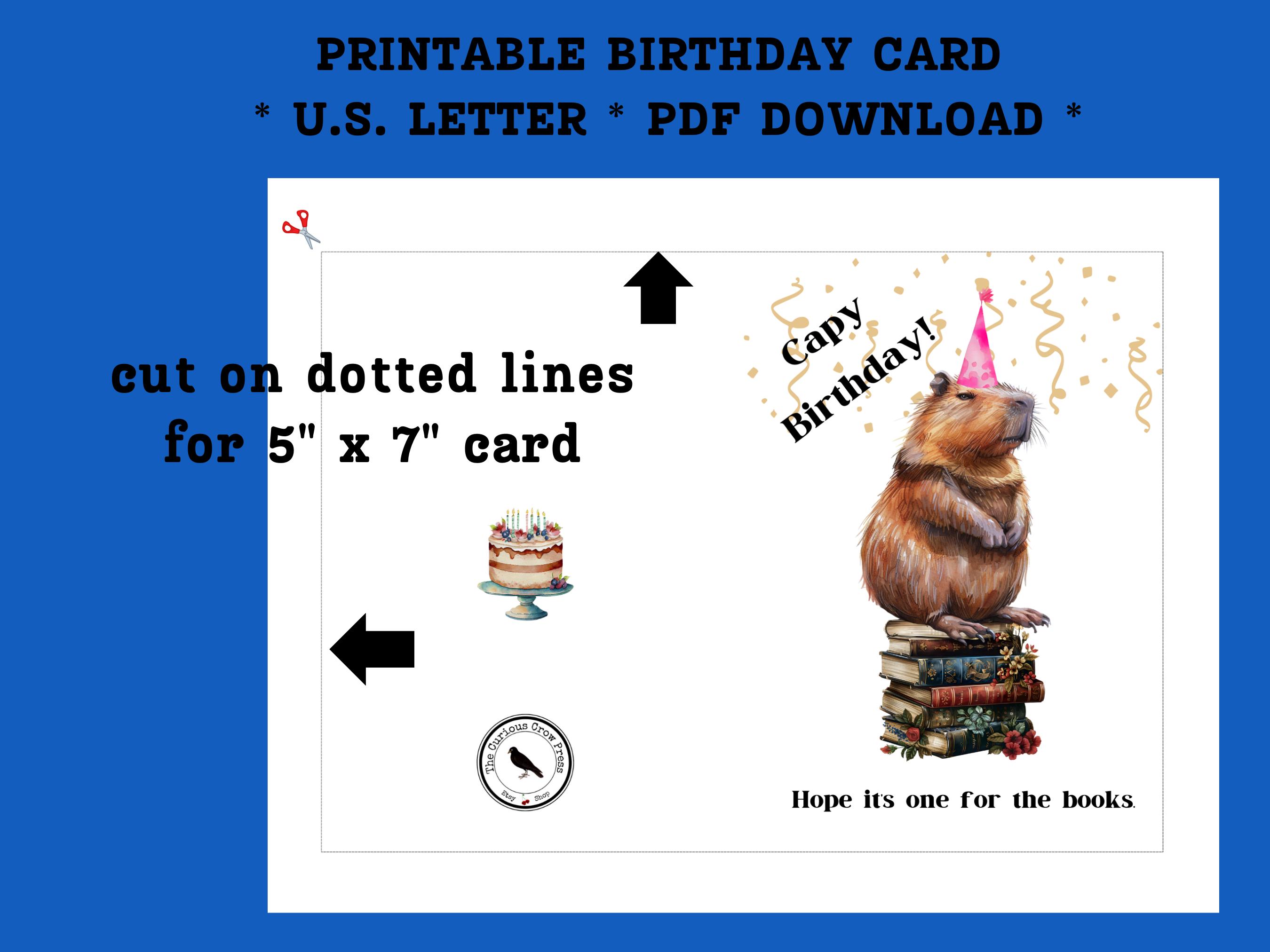 Capybara and Books Printable Birthday Card | Cute Capy Happy Birthday ...