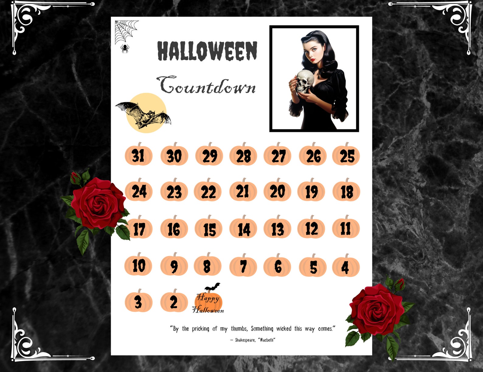 Halloween Calendar Printable | Halloween Countdown | Goth Wall Art ...